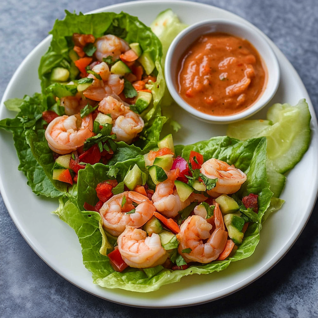 Shrimp Lettuce Wraps with Spicy Peanut Dipping Sauce
