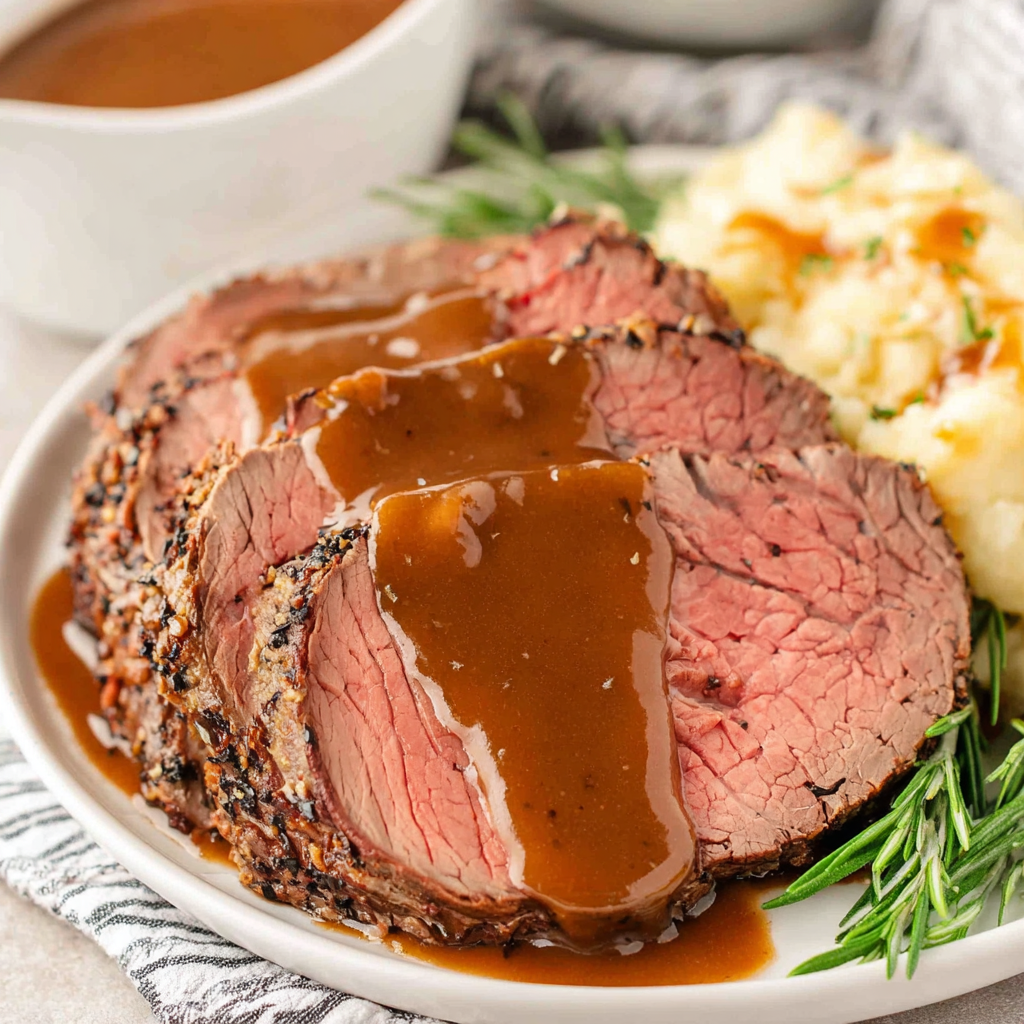 Tender Eye of Round Roast Beef with Rich Gravy